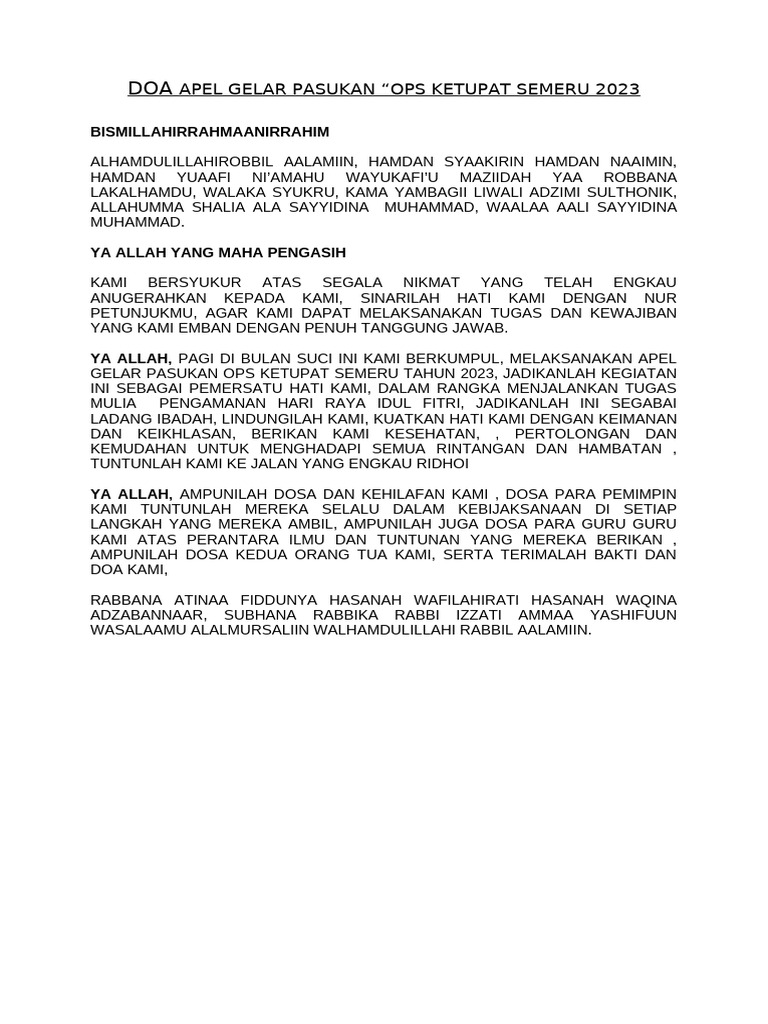 Apel Gelar Pasukan "Ops Ketupat Semeru 2023: Bismillahirrahmaanirrahim | PDF