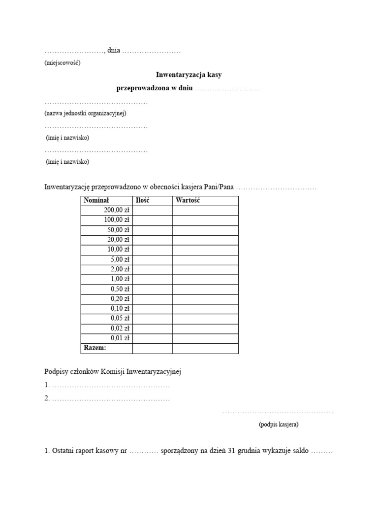 Druk Inwentaryzacji Kasy | PDF