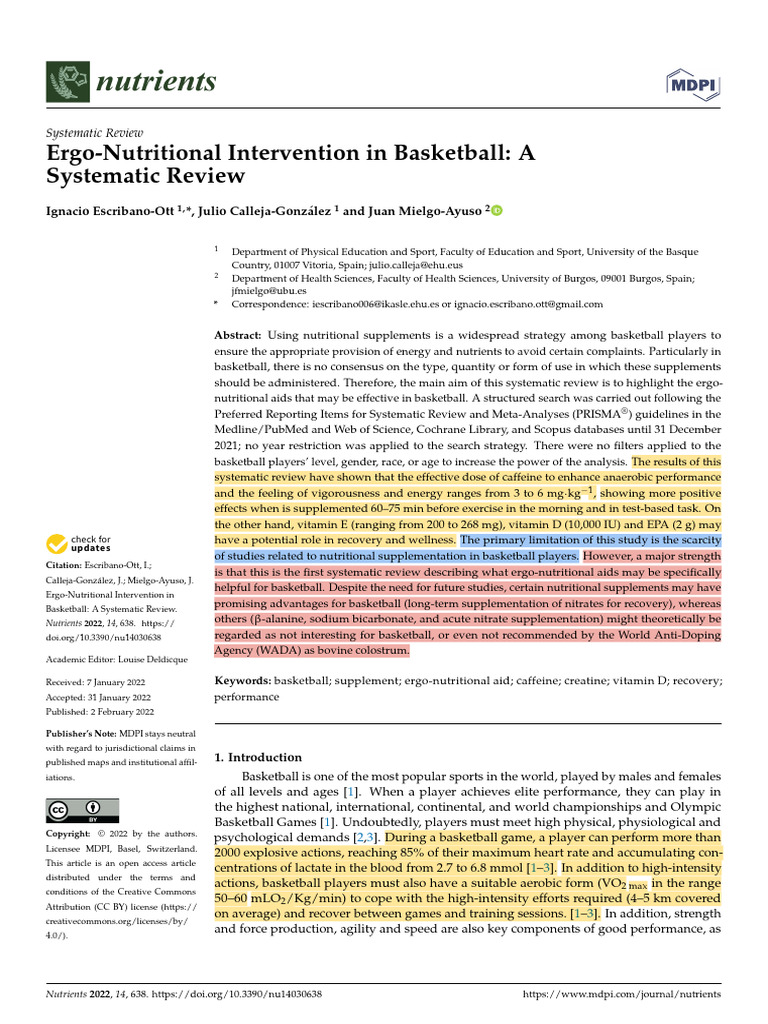 Ergo-Nutritional Intervention in Basketball - A Systematic Review | PDF ...