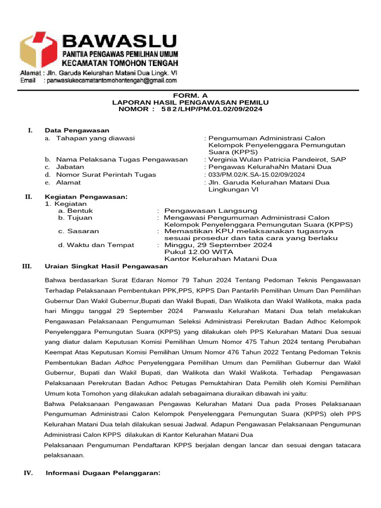 No.581 LHP - Matani Dua - Pengawasan - Pengumuman - Penempelan - Administrasi - Calon - KPPS ...