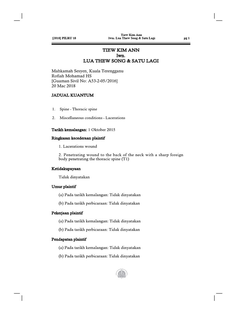 TIEW KIM ANN Lwn. LUA THEW SONG & SATU LAGI | PDF