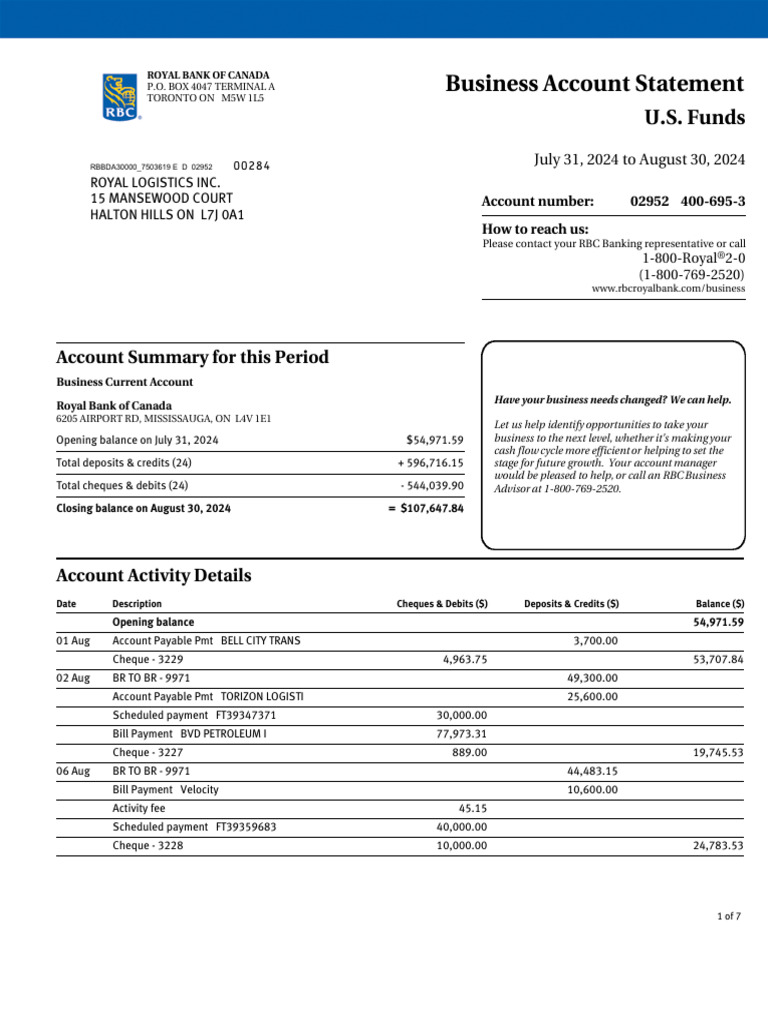 Business Account Statement: U.S. Funds | PDF | Cheque | Banks
