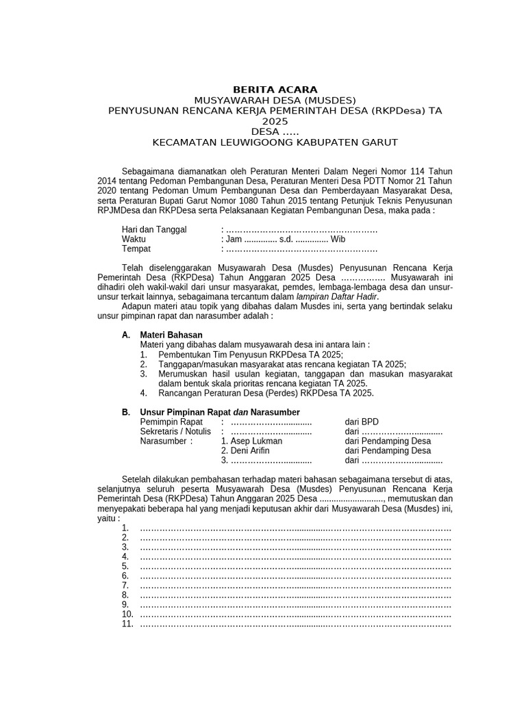 BA & Daftar Hadir Musdes Penyusunan RKPDesa 2025 | PDF | Seni