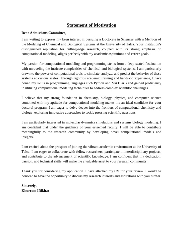 Statement of Motivation | PDF | Computers | Technology & Engineering