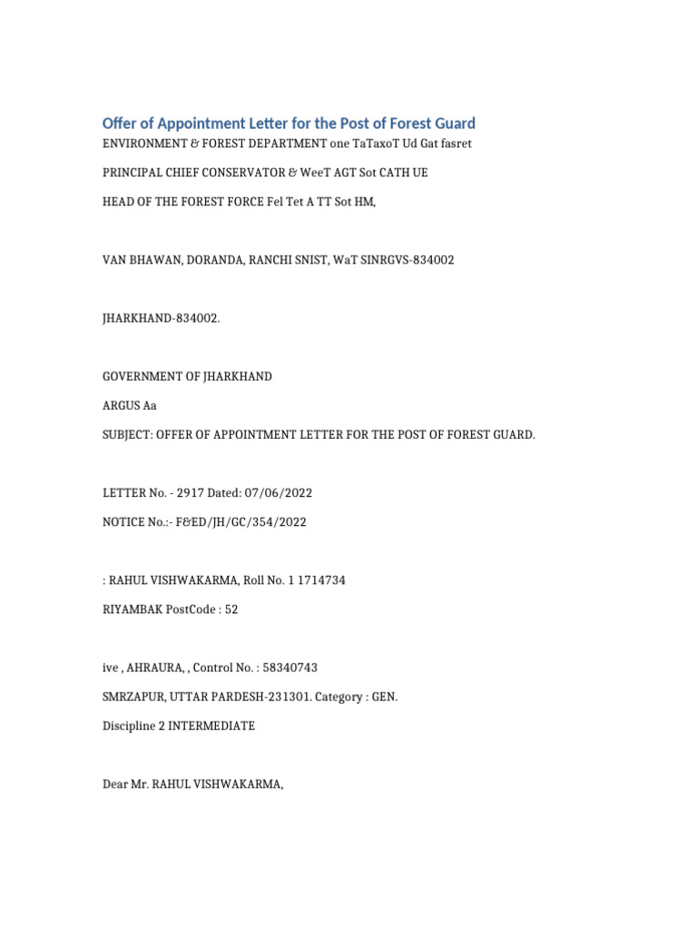 Appointment Letter for Forest Guard | PDF | Law | Technology & Engineering