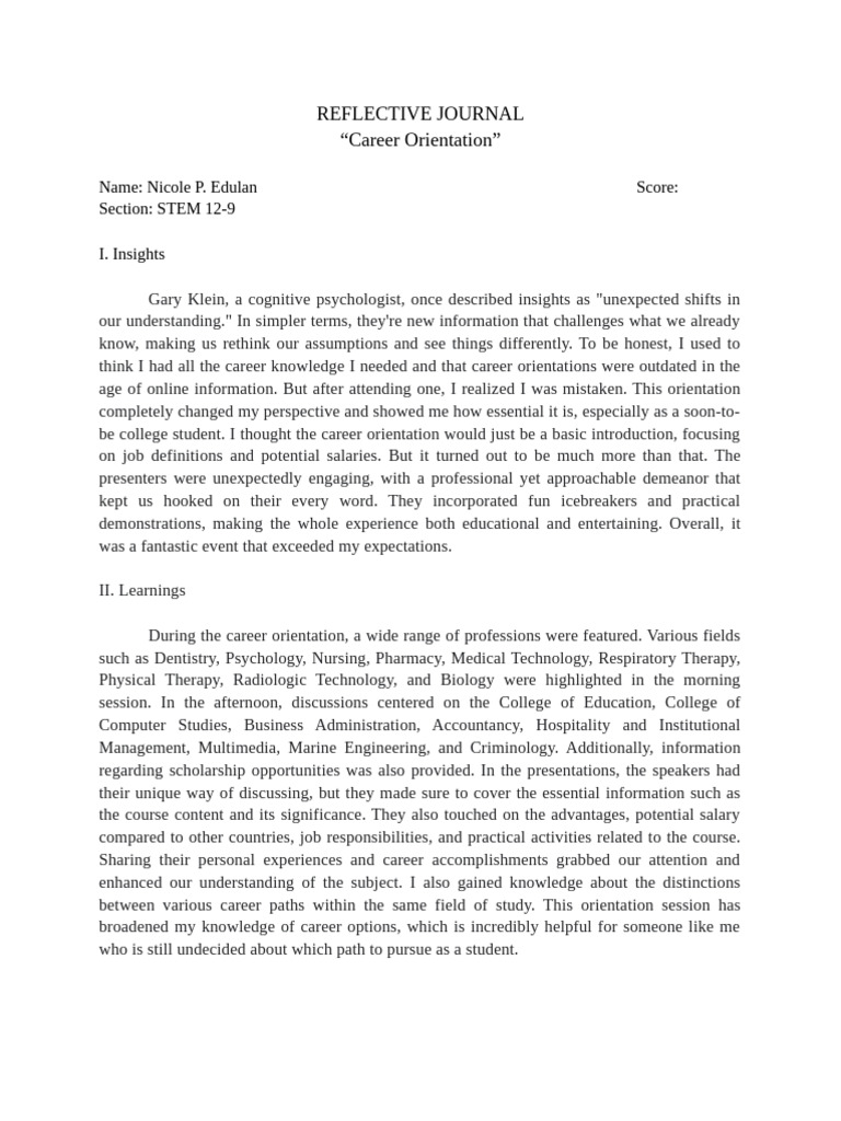 Reflective Journal (Career Orientation) | PDF | Psychotherapy | Cognition