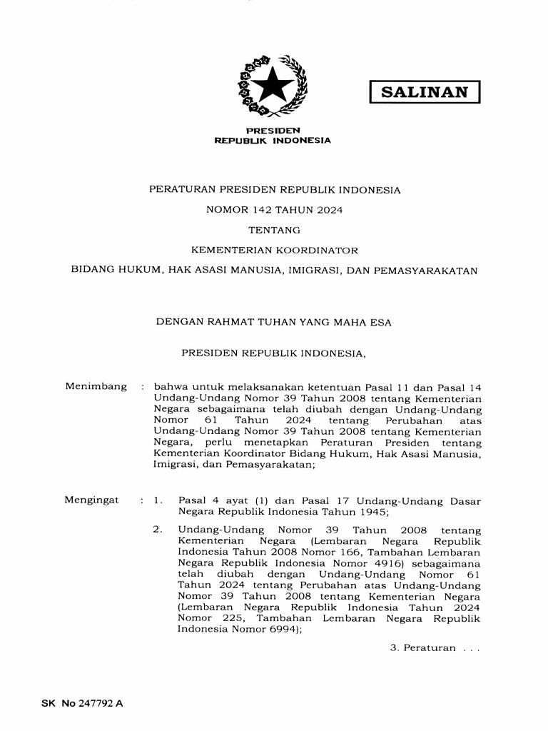 Salinan Perpres Nomor 142 Tahun 2024 - Kementerian Koordinator Bidang Hukum, Hak Asasi Manusia ...