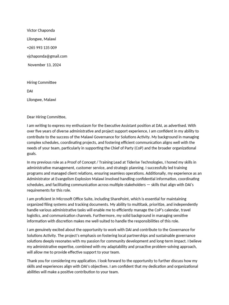 Victor Chaponda Cover Letter DMI | PDF