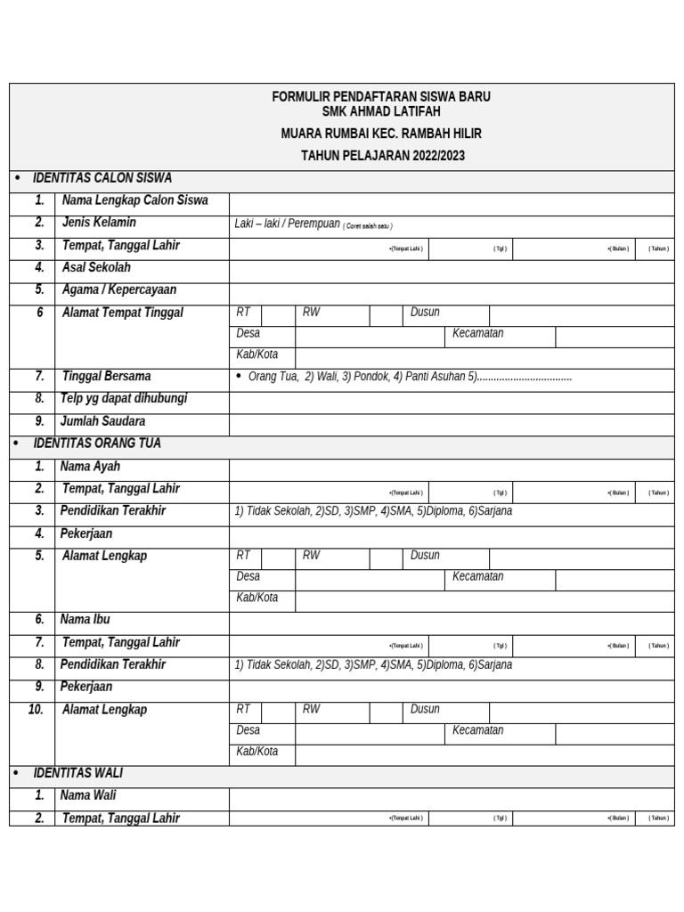 Formulir Pendaftaran Siswa Baru SMK | PDF