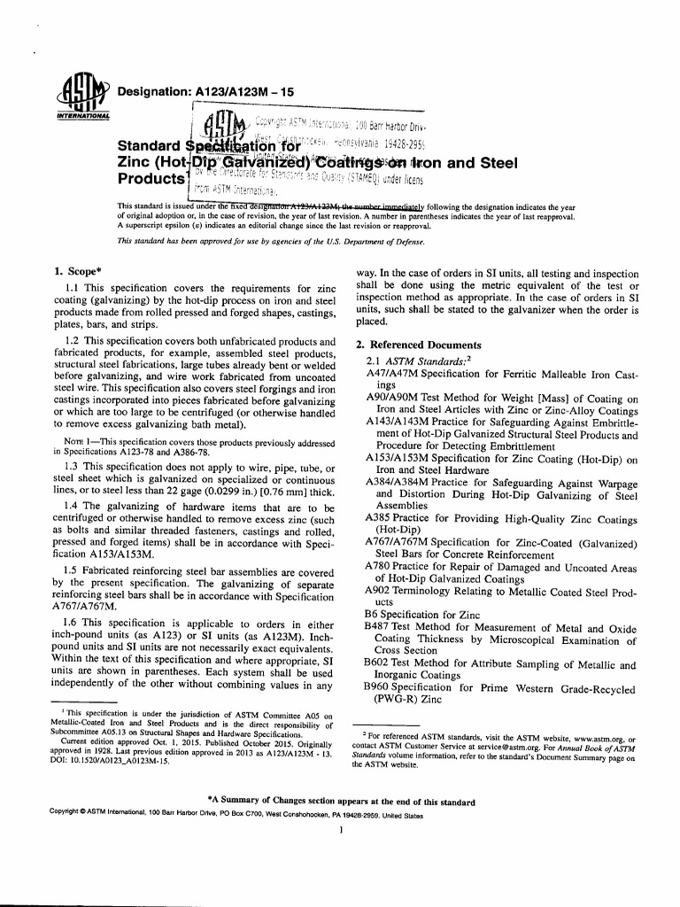 ASTM A 123 A123M - 15 StandardSpecification For Zinc Hot-Dip Ga | PDF