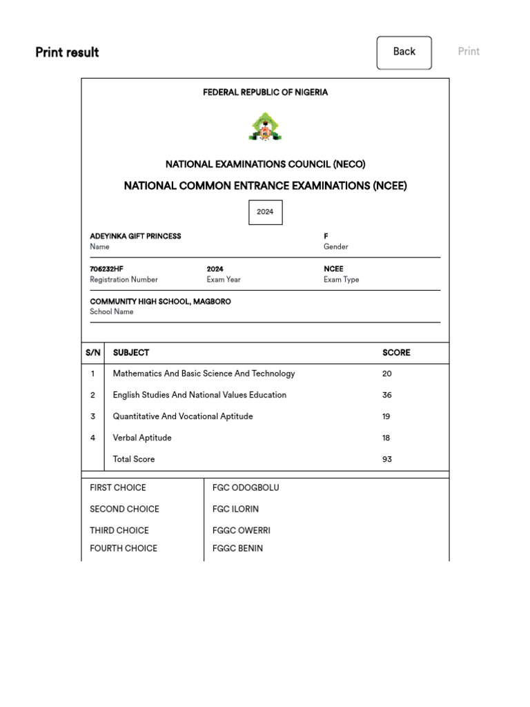 NECO NCEE 2024 Result for Adeyinka Gift | PDF
