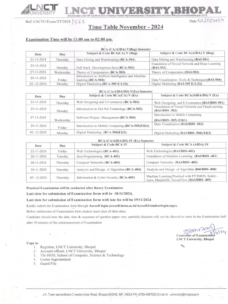 Bca (CA, Aida, DS) IV & V Sem Time Table | PDF