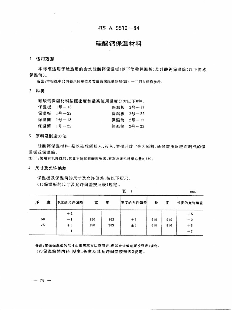 JIS A9510-1984 中文版 硅酸钙保温材料 | PDF