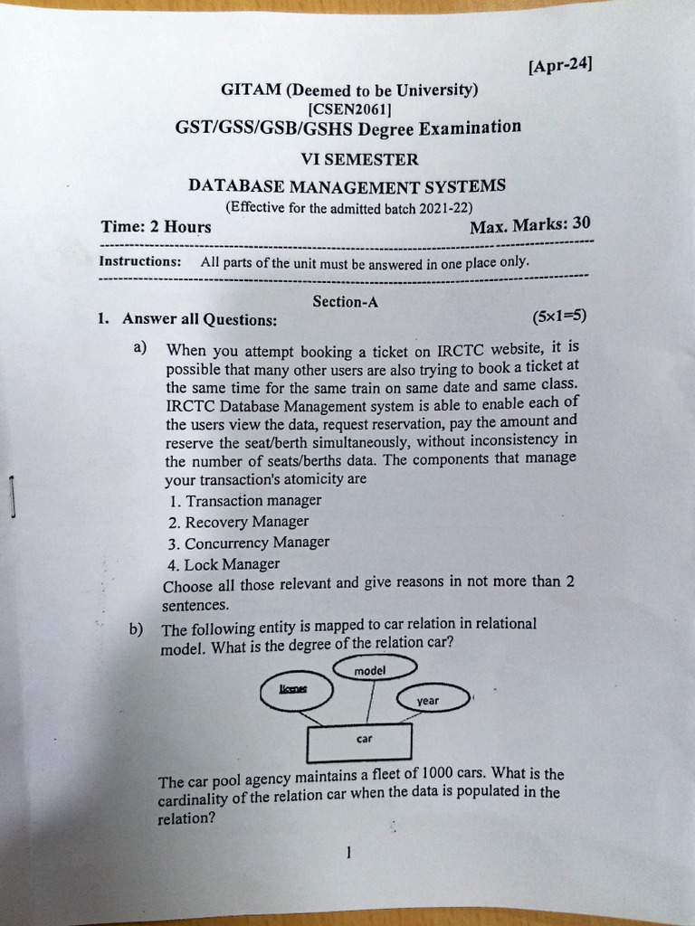 DBMS Endsem Question Paper Specialization Sem6 2024 | PDF | Relational Model | Databases