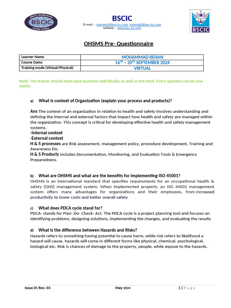 Pre-Questionnaire Mohammad - Rehan - Ohsms I01 R03 052024 | PDF | Risk | Occupational Safety And ...