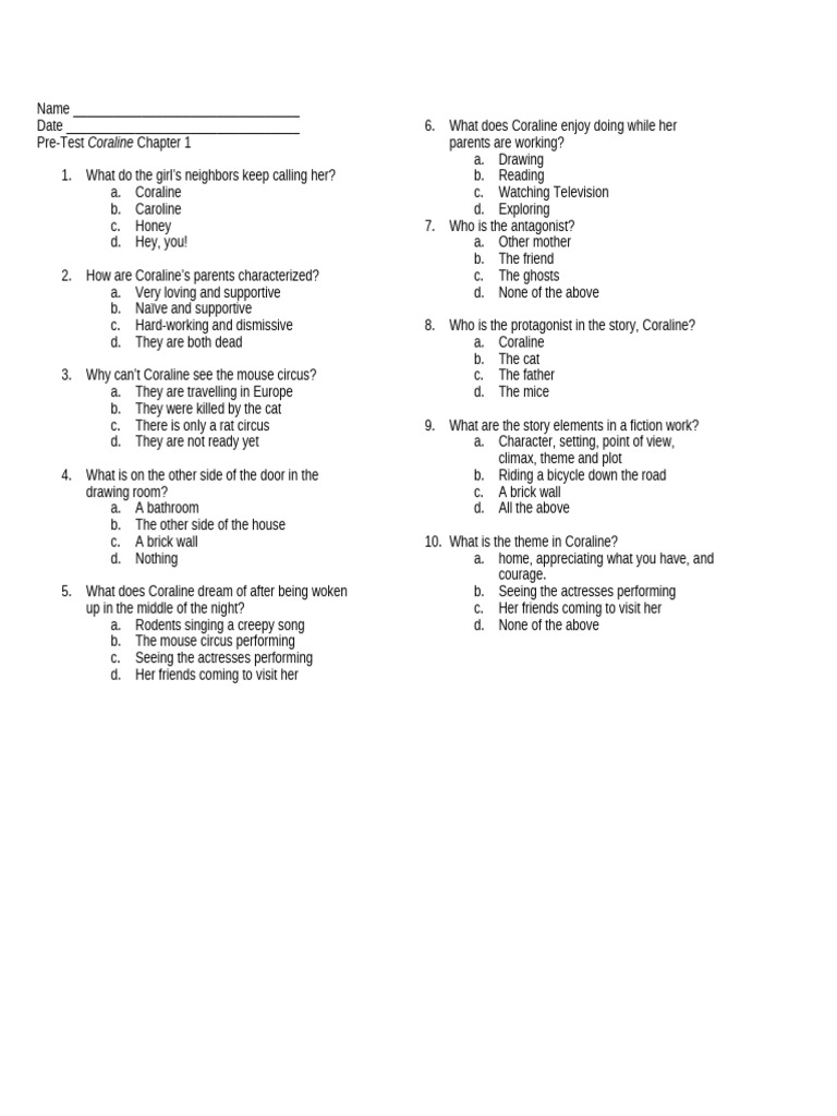 Coraline Chapter 1 Pre-Test Questions | PDF