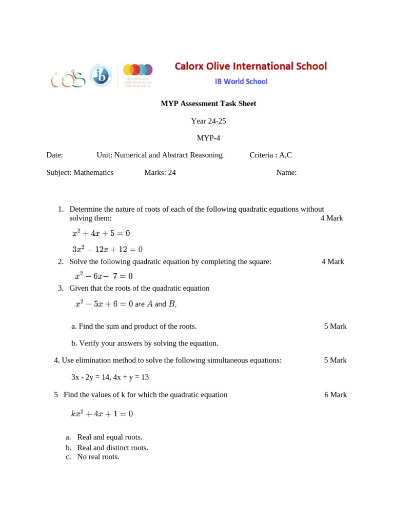 Quetion Paper Math MYP5 | PDF