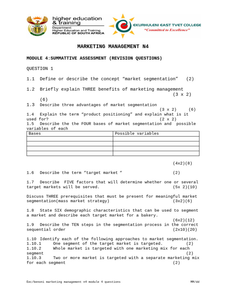Marketing Management n4 Revision Questions 1 | PDF