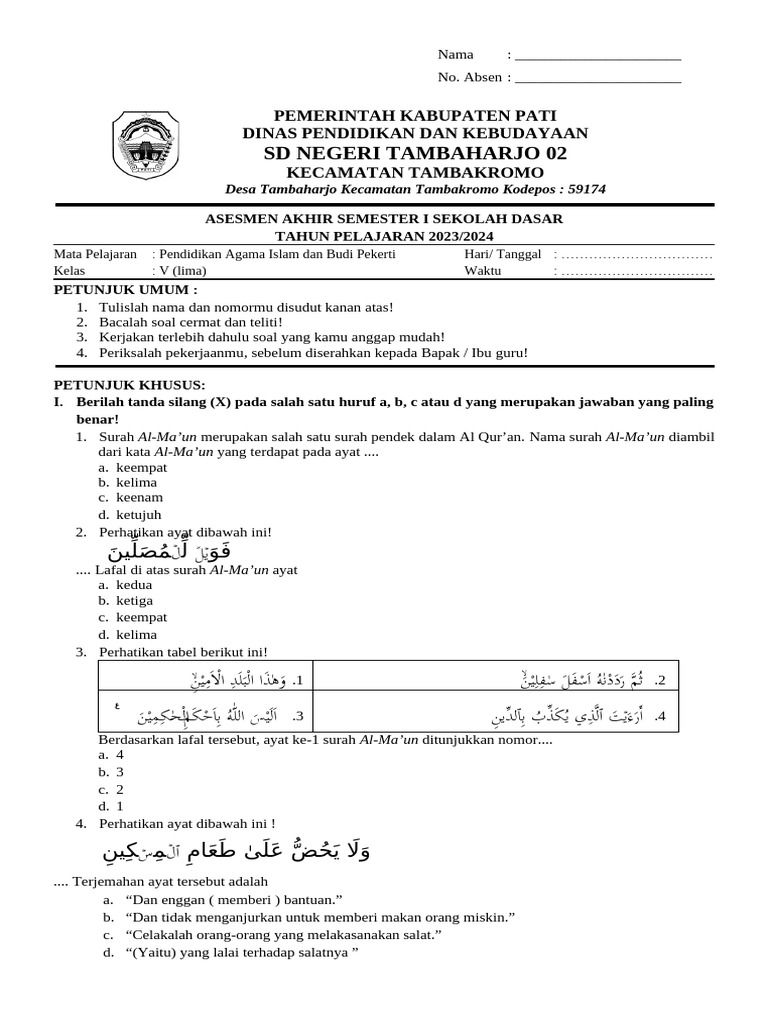 Soal Psas 1 Kelas V Pai 2023-2024 | PDF