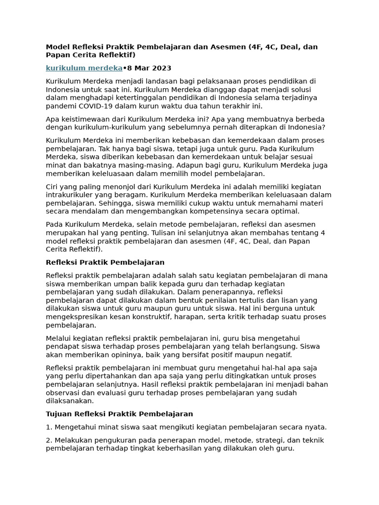Model Refleksi Praktik Pembelajaran Dan Asesmen | PDF | Karier ...