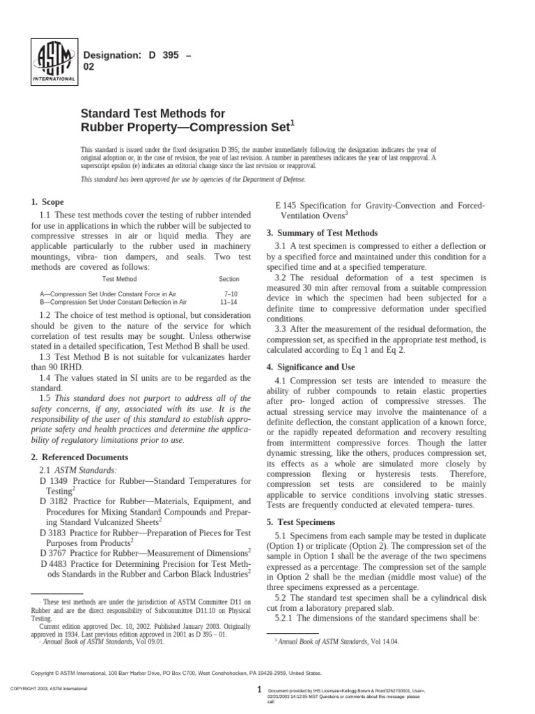 ASTM D 395 | PDF | Deformation (Engineering) | Atmosphere Of Earth
