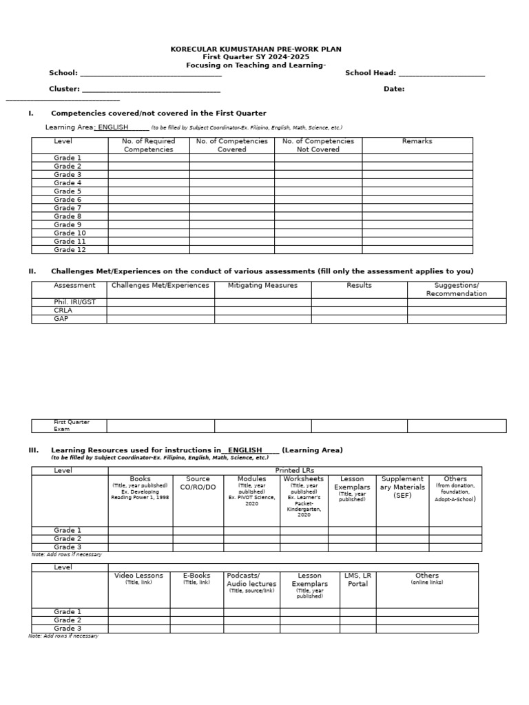 KORECULAR KUMUSTAHAN PRE Work Plan 1 | PDF | Teaching | Cognition
