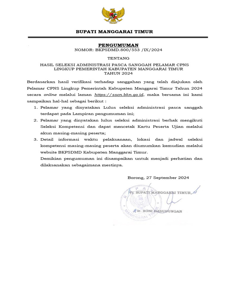 Pengumuman Pasca Sanggah Seleksi Administrasi CPNS 2024 | PDF