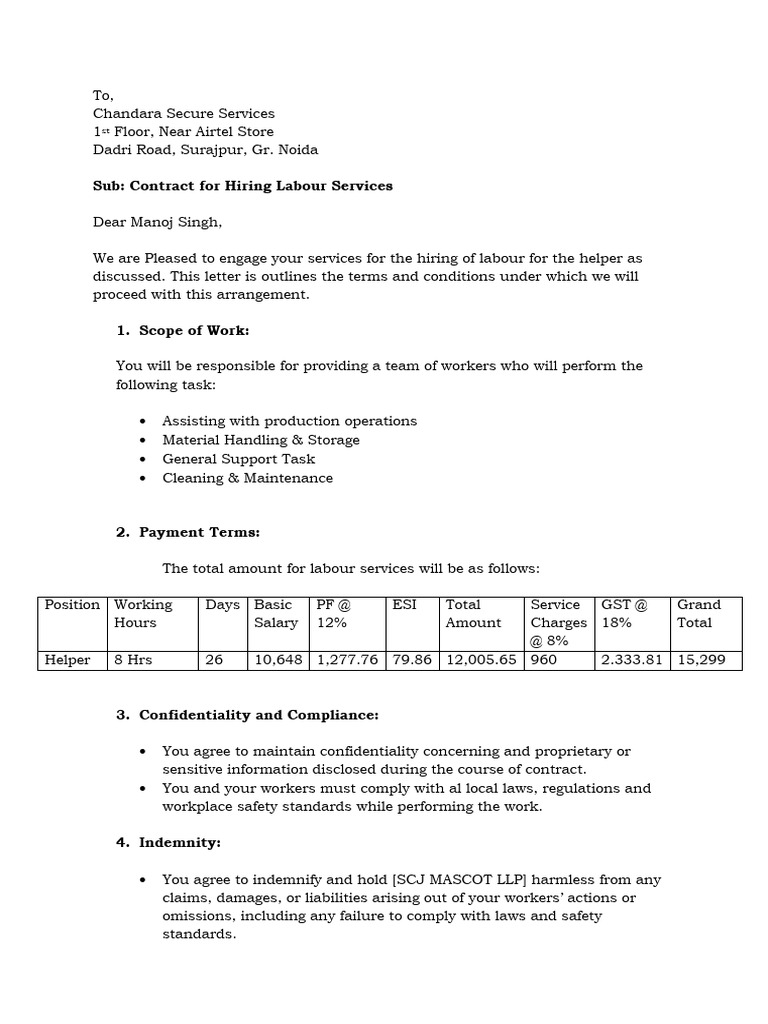 Labour Services Contract Agreement | PDF | Indemnity | Justice