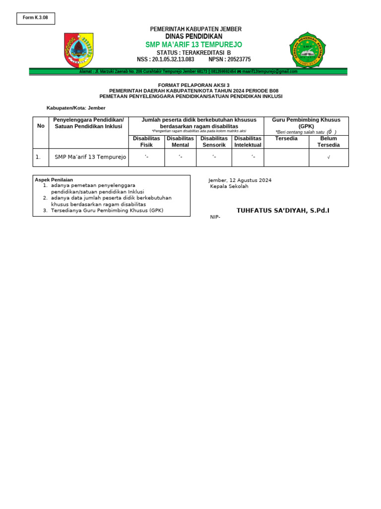 Format Pelaporan Aksi 3 B08 Dispendik 2024 SMP Ma'arif 13 Tempurejo | PDF