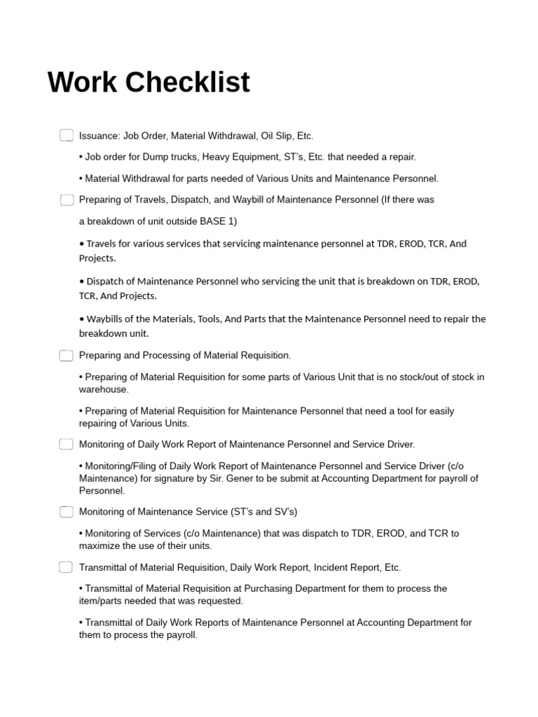 Work Checklist | PDF | Technology & Engineering