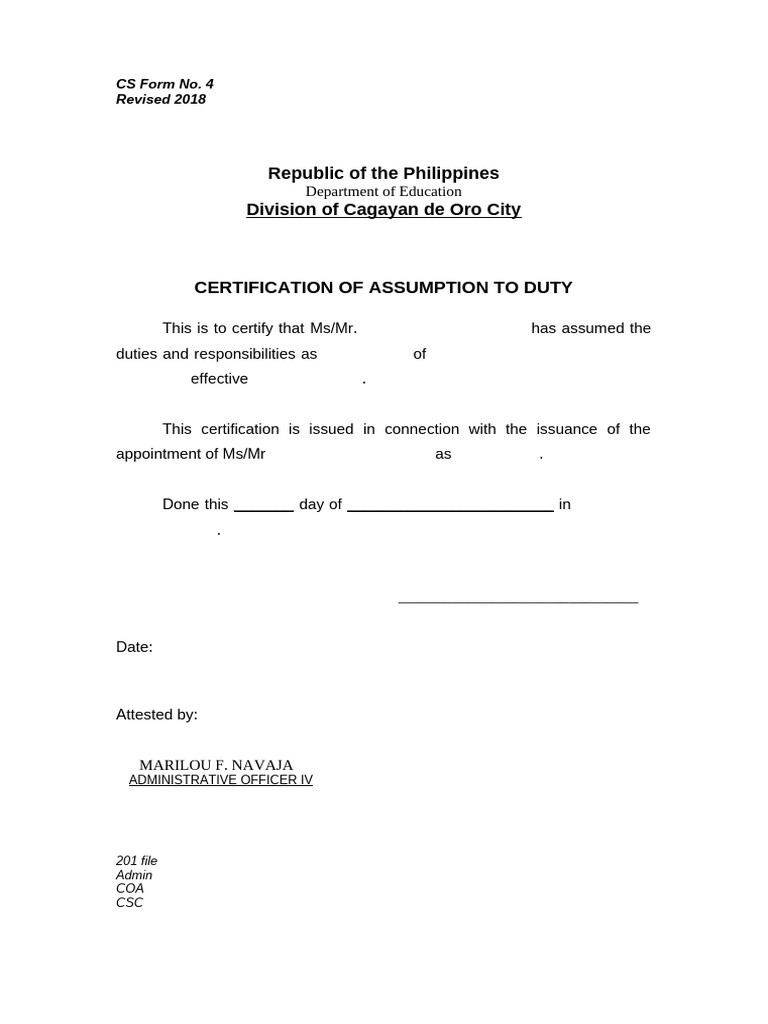 Assumption To Duty Rev 2018 | PDF