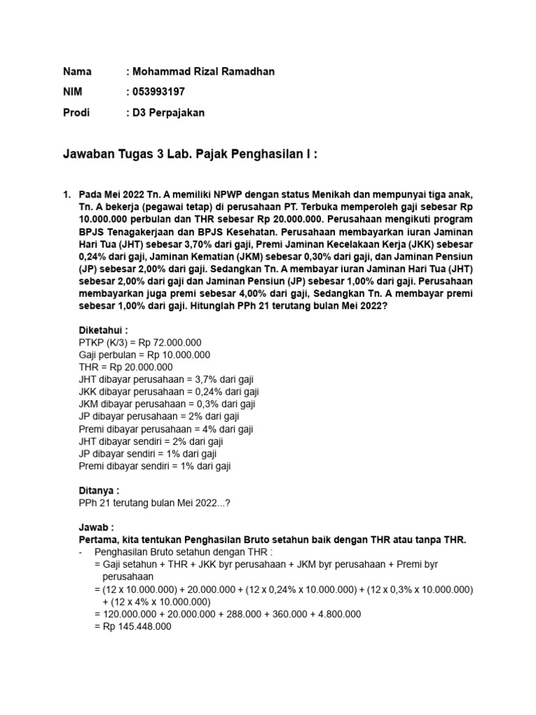 Tugas 3 Lab PPH - Mohammad Rizal Ramadhan - 053993197 - D3 Perpajakan | PDF