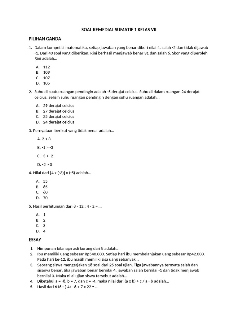 Soal Remedial Sumatif 1 Kelas Vii | PDF