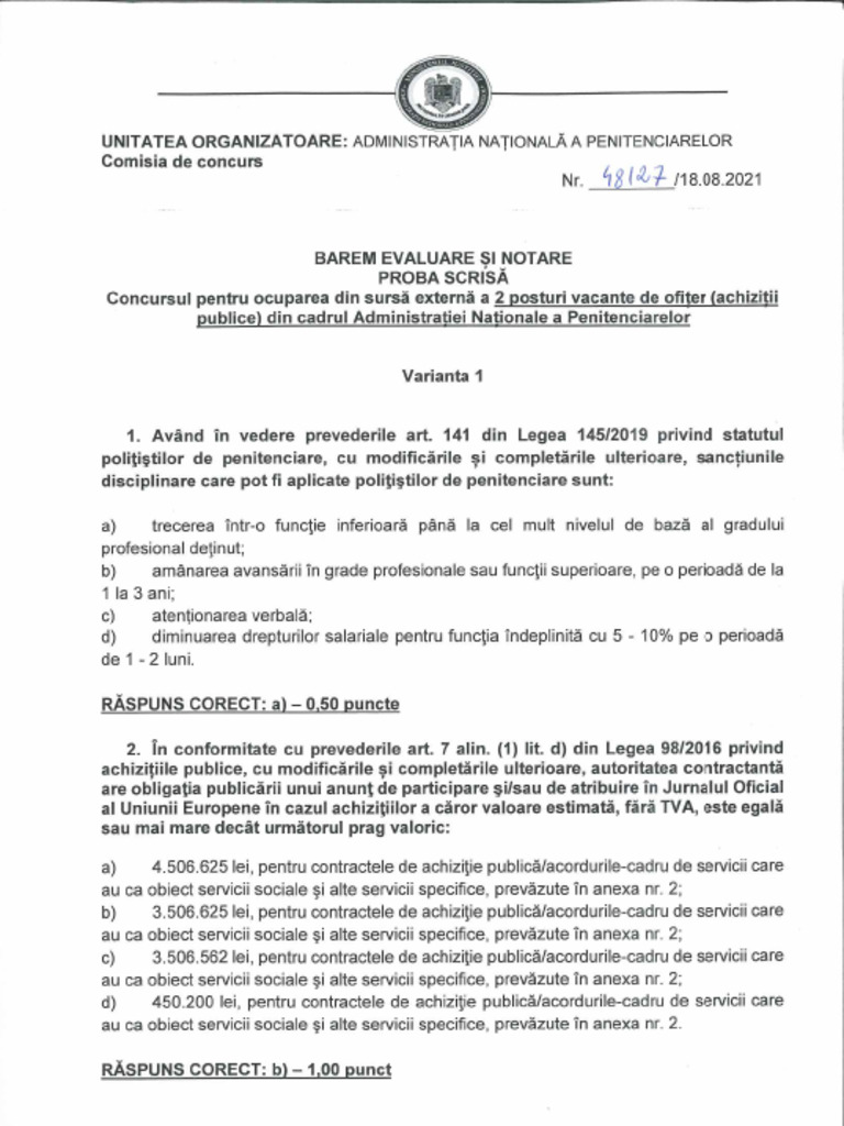 Barem Evaluare Si Notare Proba Scrisa Concurs Ofiter Achizitii Publice | PDF