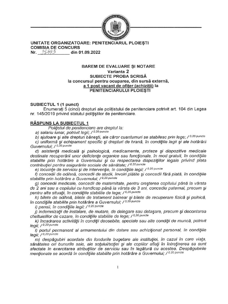 Barem de Evaluare Si Notare Varianta Subiecte Proba Scrisa | PDF