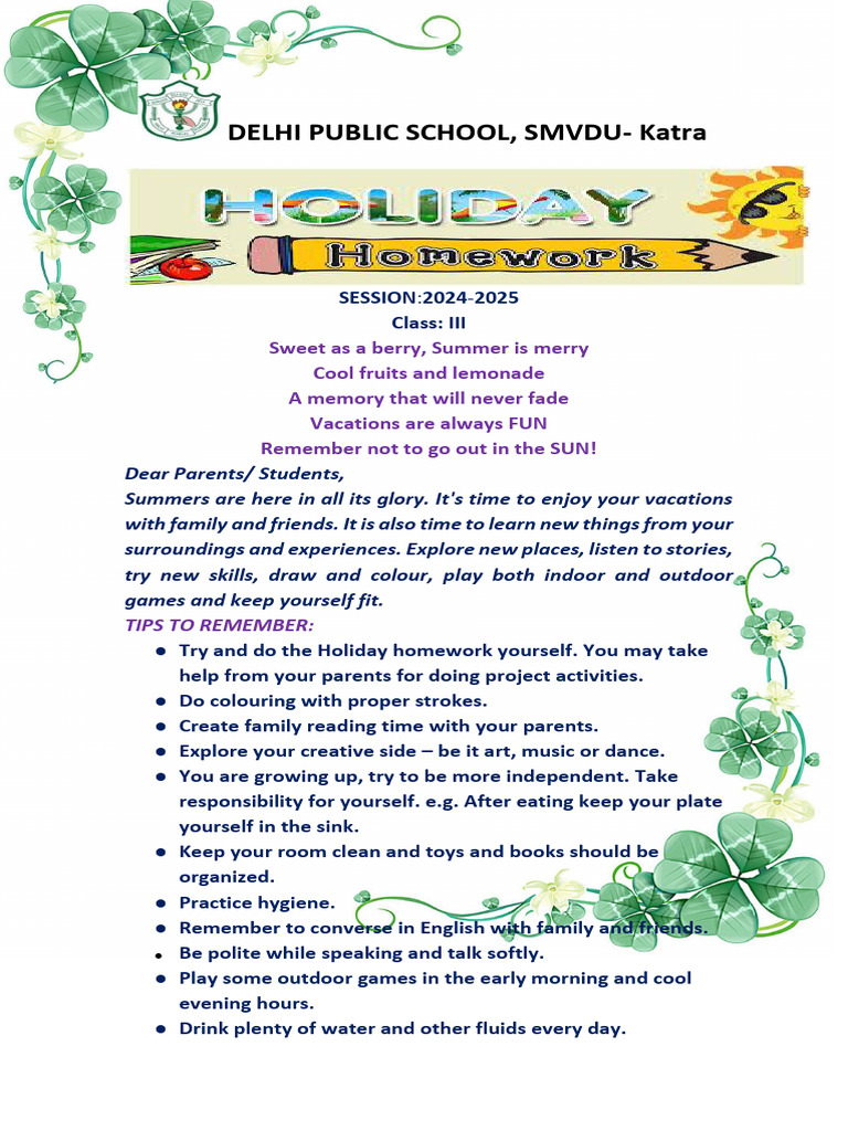 Class 3 Summer Holiday Homework Guide | PDF