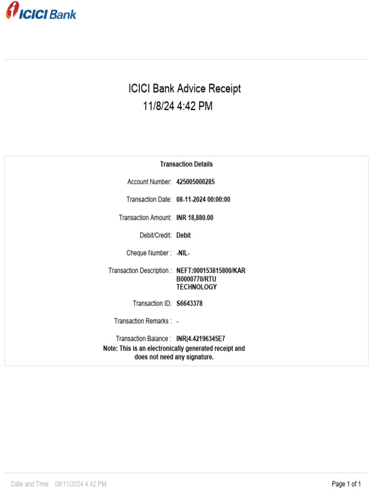 ICICI Bank NEFT Transaction Receipt | PDF