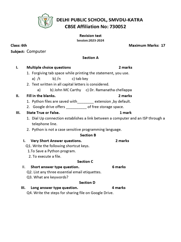 Revision Test Class 6th Computer | PDF | Computers