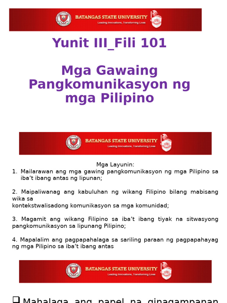 U3 - Mga Gawaing Pangkomunikasyon NG Mga Pilipino - FIL101 | PDF