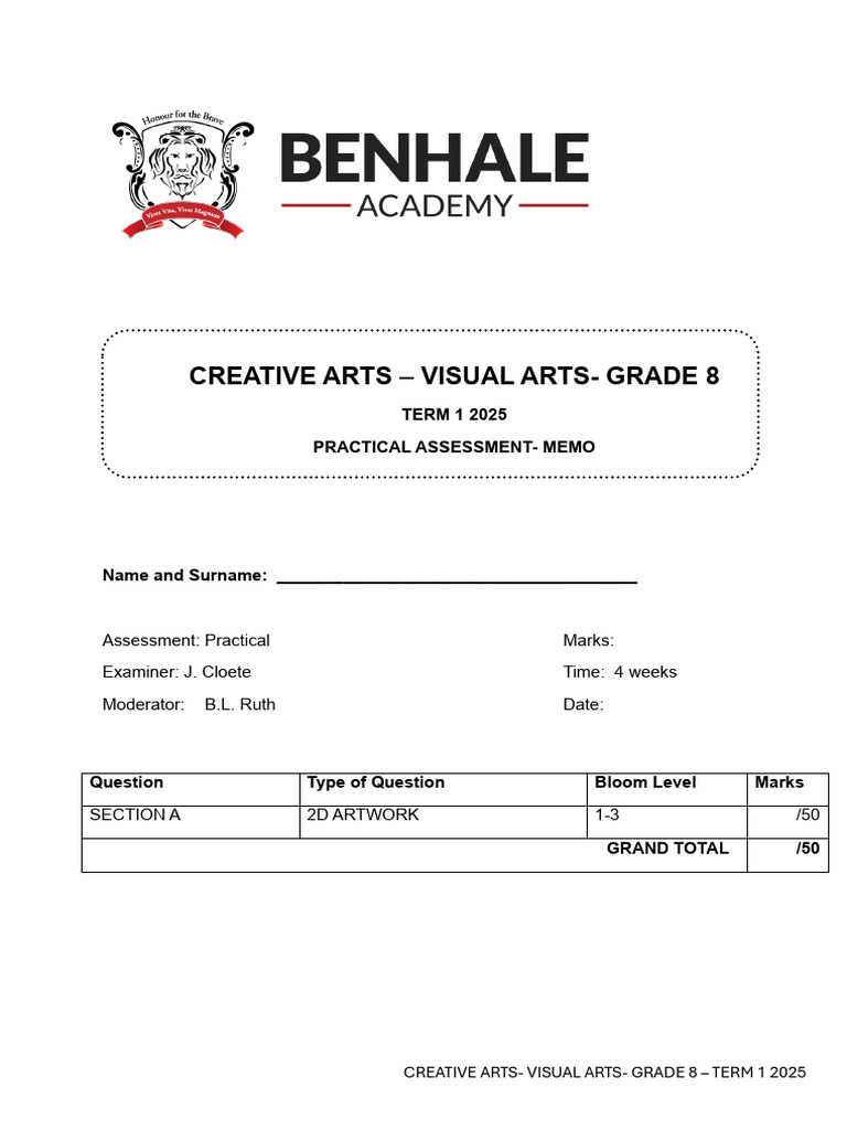 Creative Arts - Visual Arts - Grade 8 - Practical Assessment - Memo ...