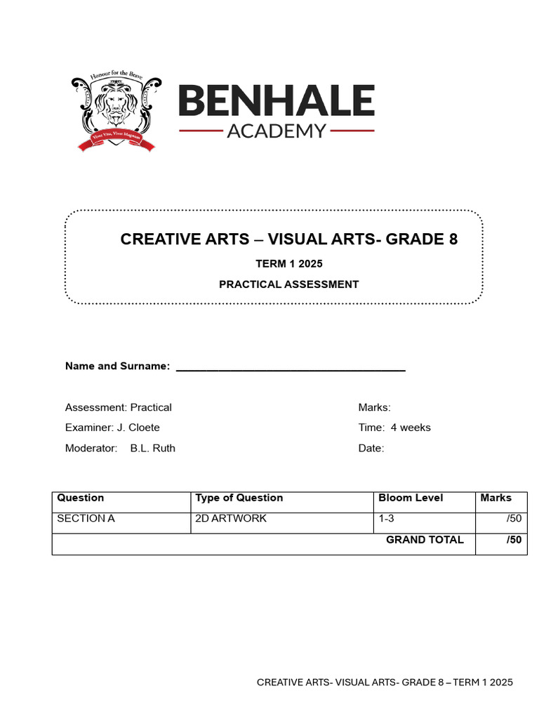 Creative Arts - Visual Arts - Grade 8 - Practical Assessment | PDF ...