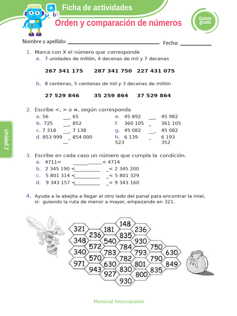 Fichas de Orden y Comparacion de Numeros Naturales | PDF