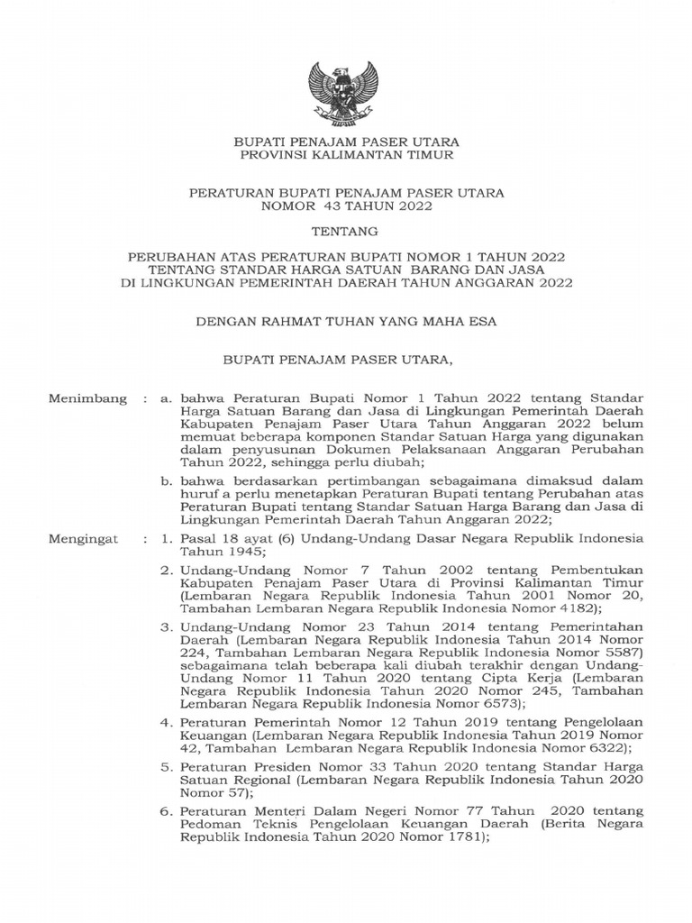 Perbup PPU 43-2022 TTG Perubahan Standar Harga Satuan Barang Dan Jasa Di Pemda TA 2022 | PDF