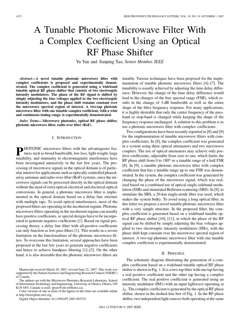 A Tunable Photonic Microwave Filter With A Complex Coefficient Using An Optical RF Phase Shifter ...