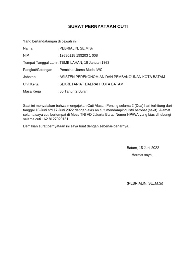 Surat Pernyataan Cuti | PDF