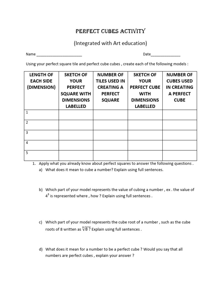 Perfect Squares and Cubes Activity | PDF | Area | Length