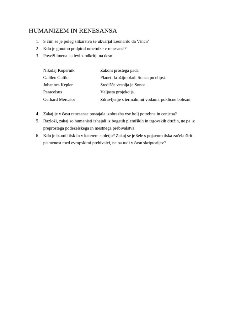 Humanizem in Renesansa, Del - List | PDF