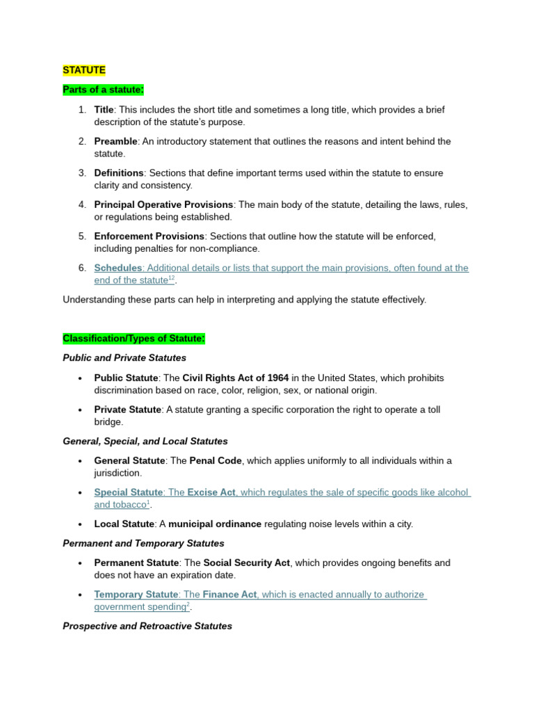 Statute - Notes | PDF | Bill (Law) | Statutory Interpretation