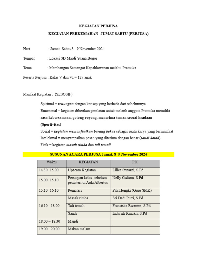 Perkemahan Pramuka: Perjusa 2024 | PDF
