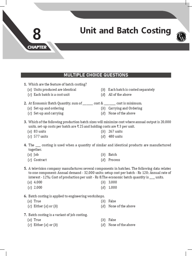 MCQ's - Unit and Batch Costing | PDF | Teaching Methods & Materials | Computers